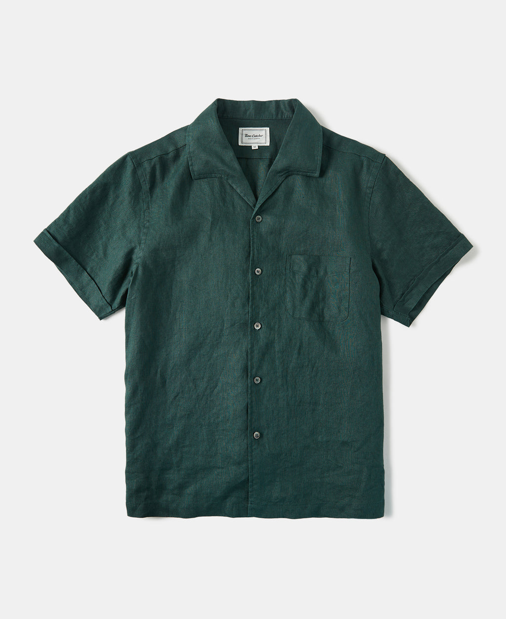 1950s Italian Collar Linen Short Sleeve Shirt - Dark Green | Time ...